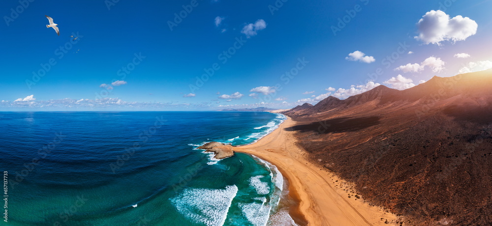 Amazing Cofete beach with endless horizon. Volcanic hills in the ...
