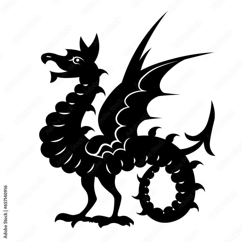 Heraldic dragon snake with wings. Symbol, sign, line, icon, silhouette ...