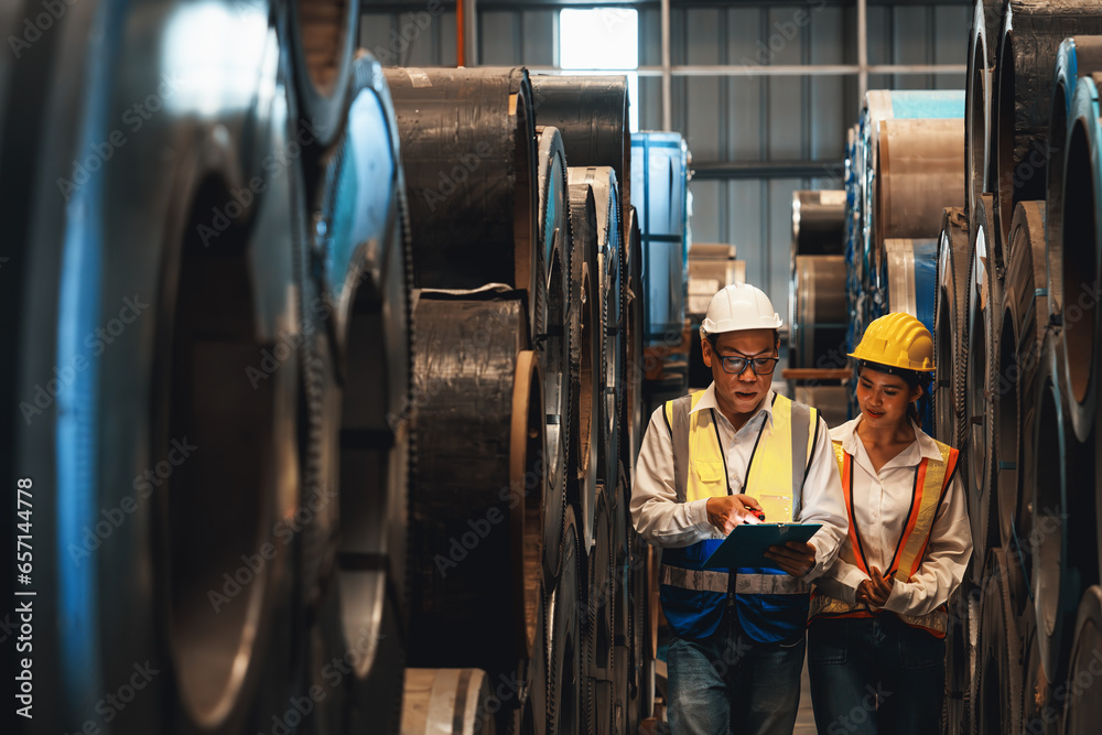 Warehouse inventory management in metalwork factory with engineer or ...