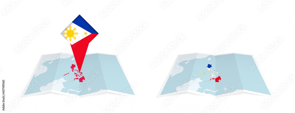 Two versions of an Philippines folded map, one with a pinned country ...