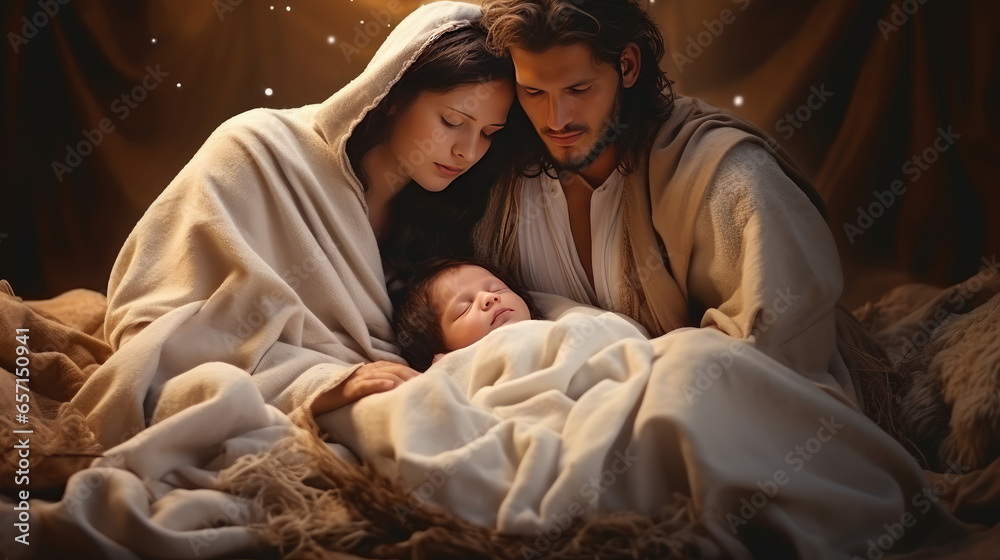 Krippen-Szene mit Maria, Josef und dem Jesuskind im Stall am ...