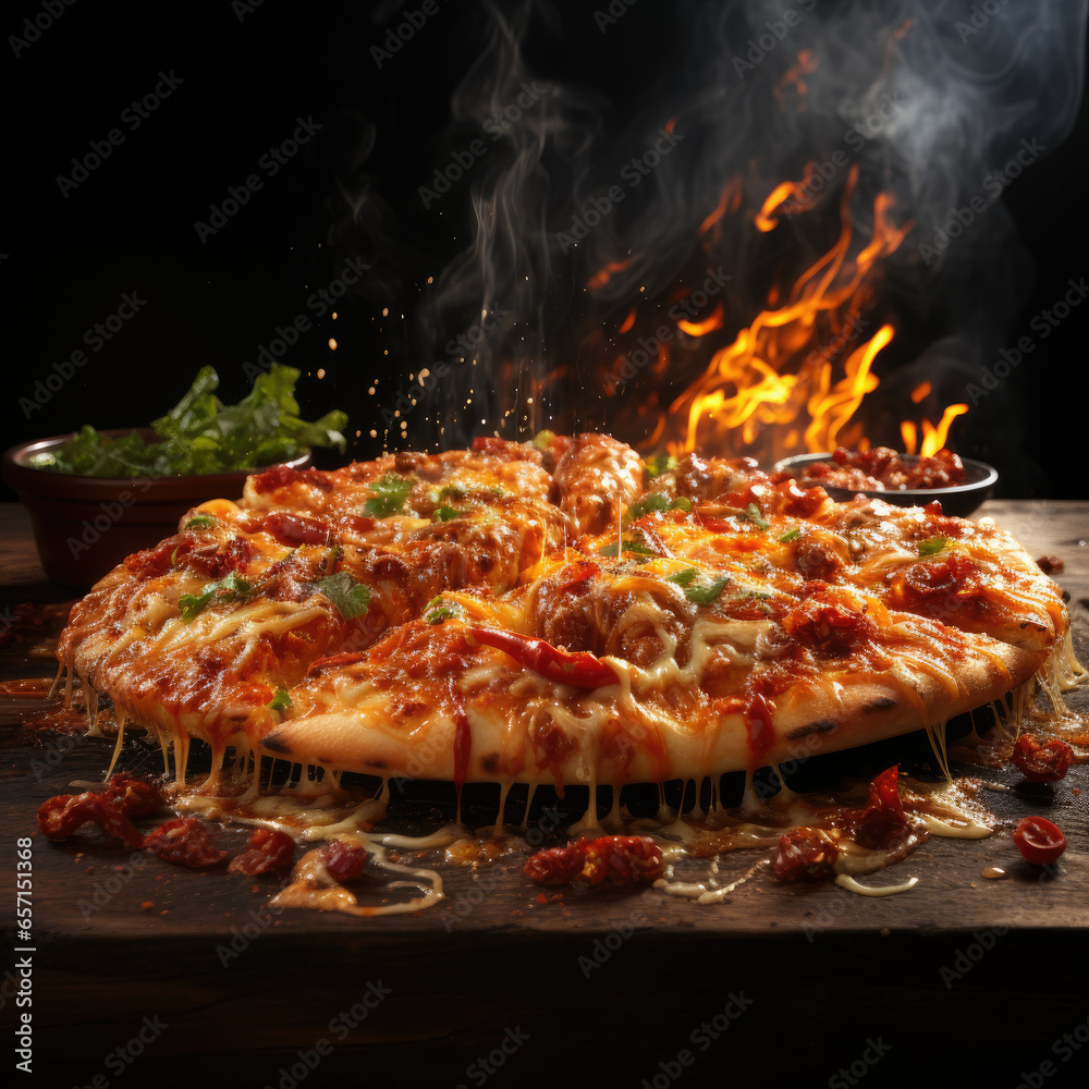 Hot big pepperoni pizza with smoke and fire composition with melting ...