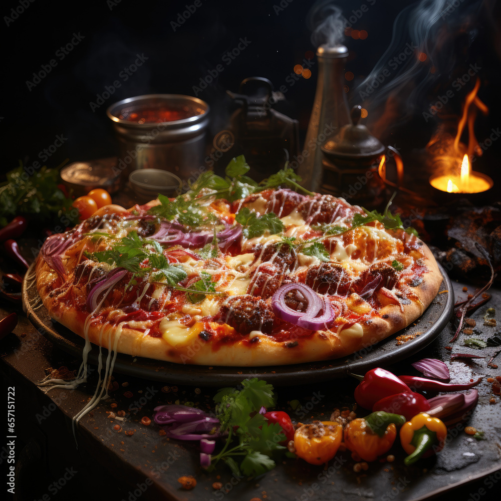Hot big pepperoni pizza with smoke and fire composition with melting ...