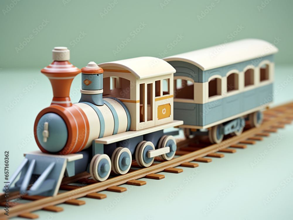 3D image of children's toy trains including rails. A locomotive-type ...