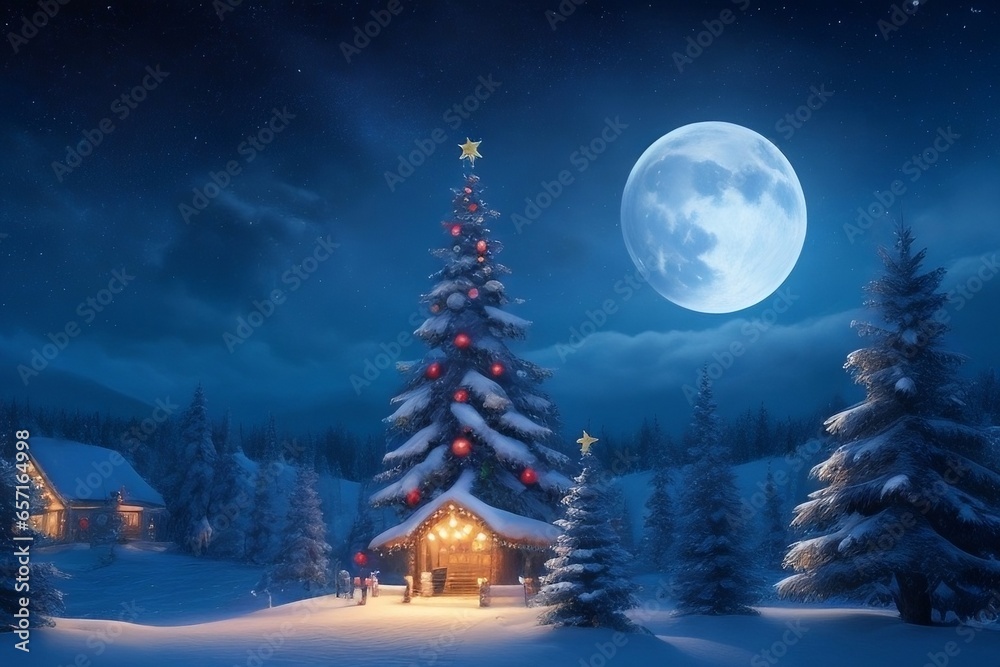 Christmas Night Full Moon And House, Winter in the forest,house in the ...