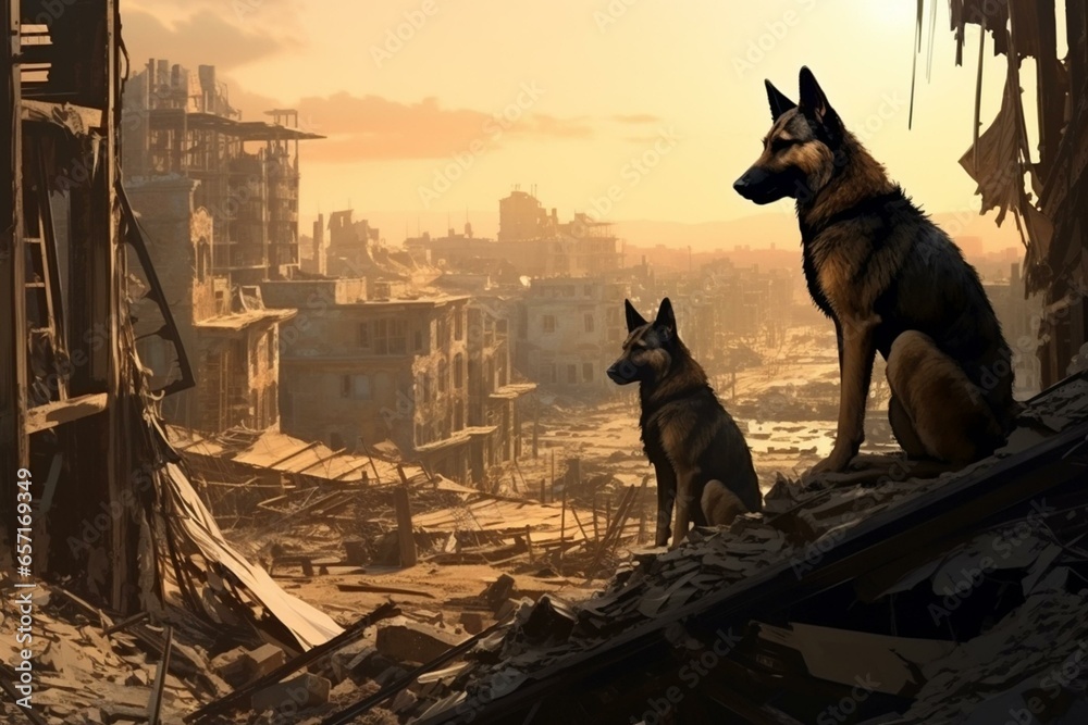 Stray dogs roam near ruined houses in a war-ravaged city. Destroyed ...