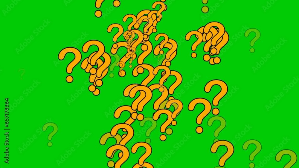 Many yellow questions marks explosion around over a green screen ...