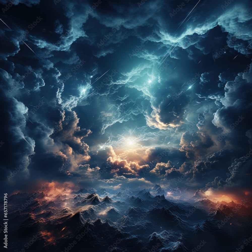 Dramatic atmosphere of cloudy weather and lightning striking urban and ...