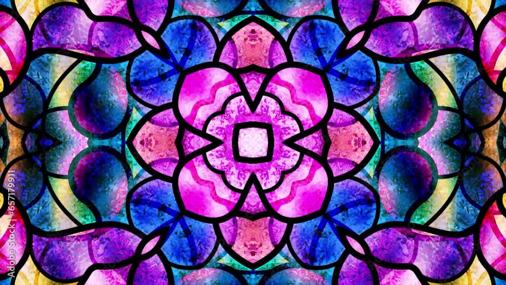 Christmas party background with stained glass window. Light. Seamless looping multicolor ...