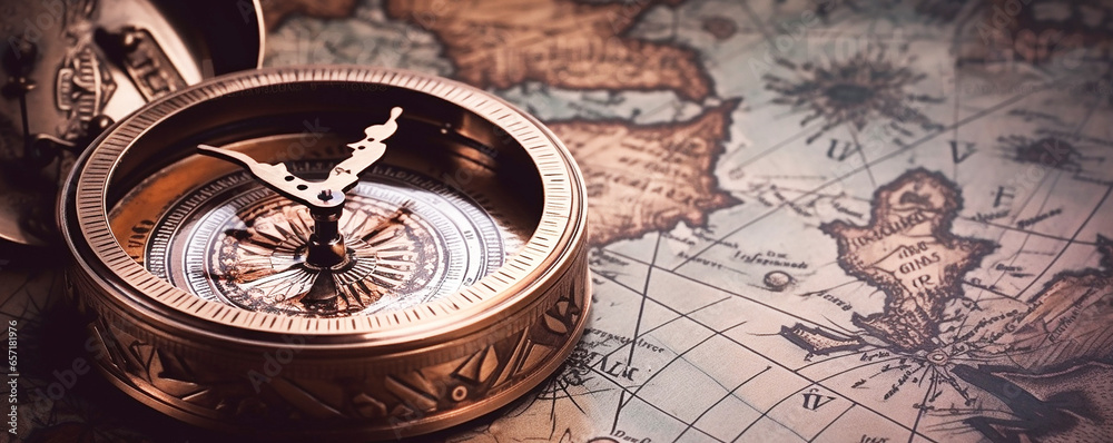 Vintage Old Compass on Antique Map, Retro Navigation and Exploration ...