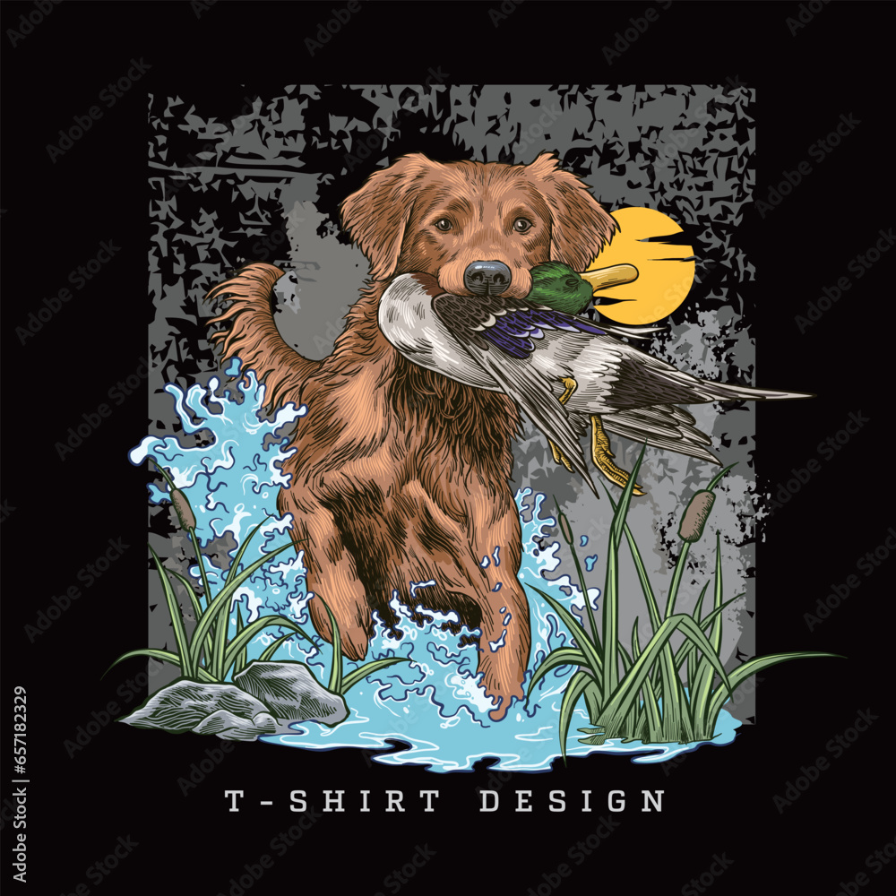 vector illustration of a hunting dog biting a duck in a swamp, t-shirt ...