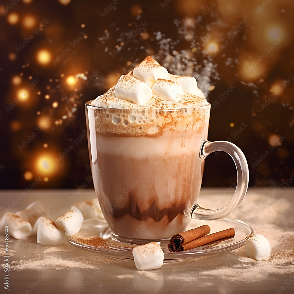 Steaming cup of hot cocoa topped with whipped cream and marshmallows ...
