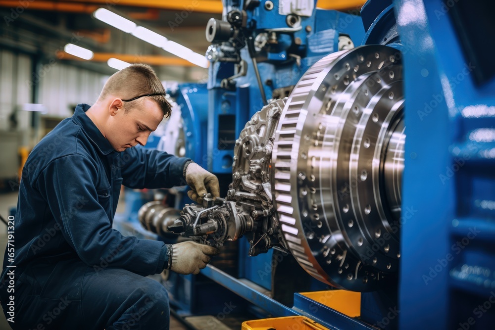 Photo of a male worker checking quality of mechanisms at a large machine-building enterprise ...