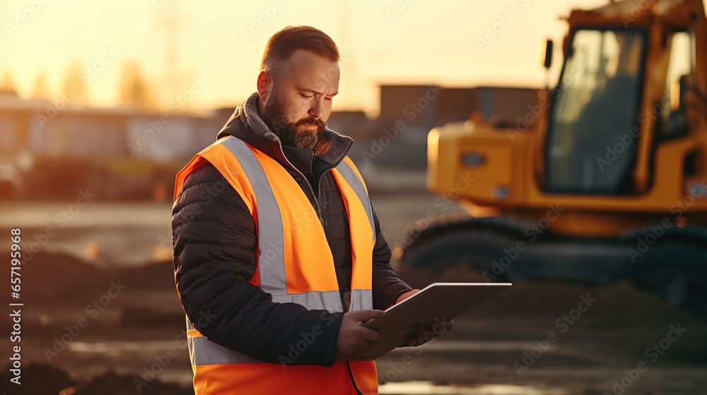 Construction: Portrait of civil engineer holding tablet near small ...