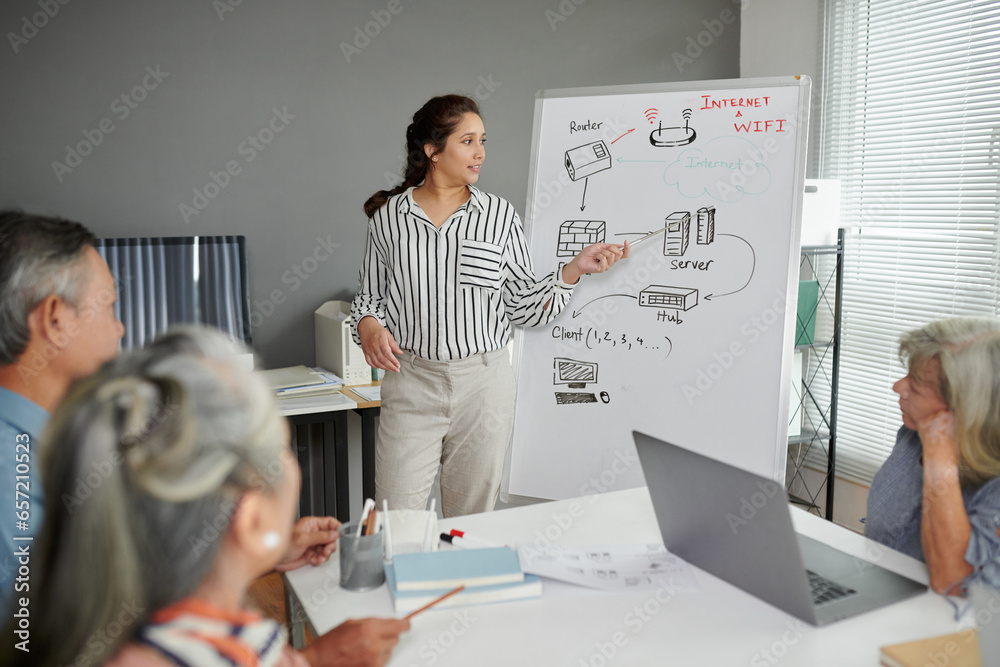 Teacher pointing at drawing on whiteboard when explaining how internet ...