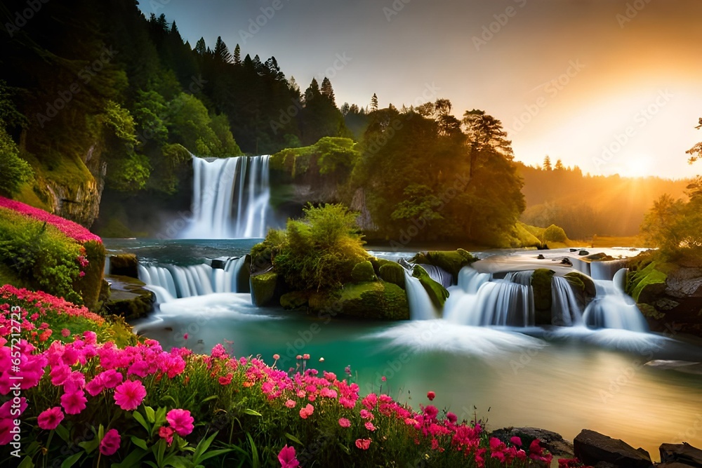 summer beautiful landscape gardens, waterfalls and flowers, magical ...