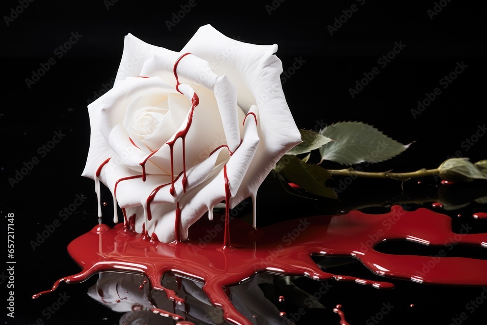 a white rose laying in a puddle or pool of blood. melting red blood ...