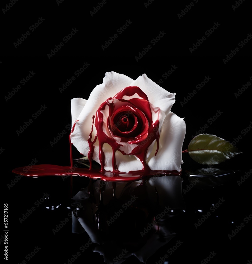 a white rose laying in a puddle or pool of blood. closeup of a single ...