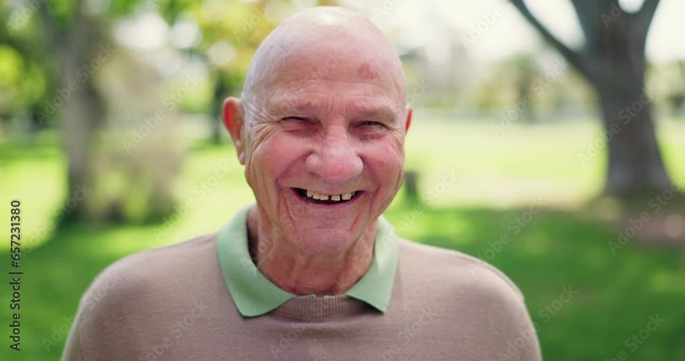 Senior man, face and smile in park, nature or happiness outdoor for ...
