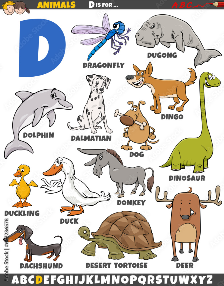 cartoon animal characters for letter D educational set Stock Vector ...