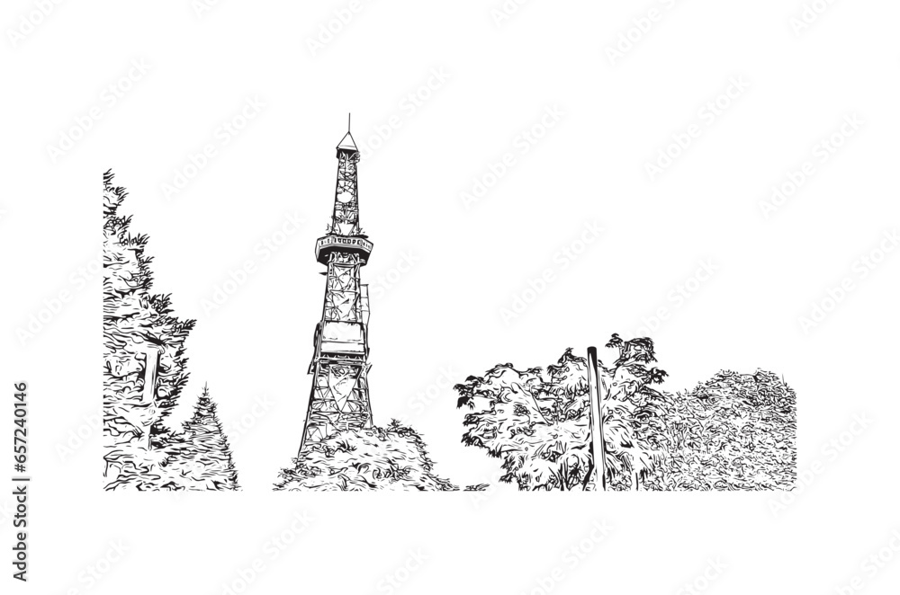 Building view with landmark of Sapporo is the city in Japan. Hand drawn ...