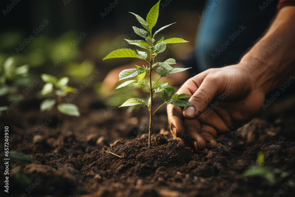 A hand planting a tree, symbolizing progress in reforestation and ...