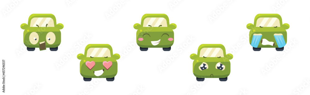 Cute Green Car Cartoon Character Showing Different Emotion Vector Set ...