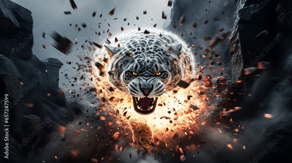 An explosion lights up the night sky, leaving a trail of smoke and ...