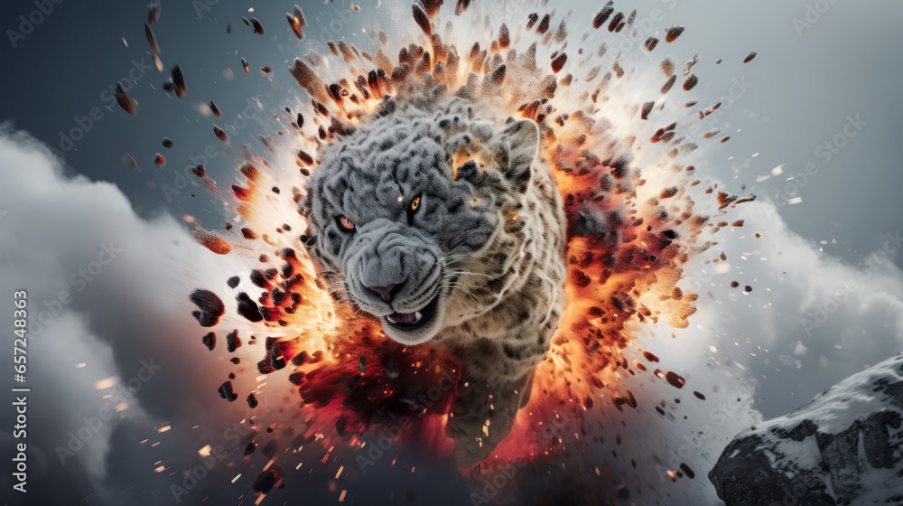The image shows an explosive scene with debris flying from the ground ...