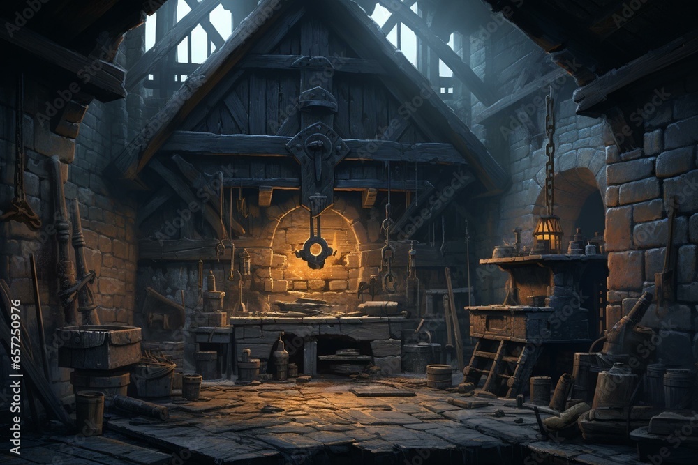 A depiction of a rustic blacksmith's workshop, featuring a glowing ...