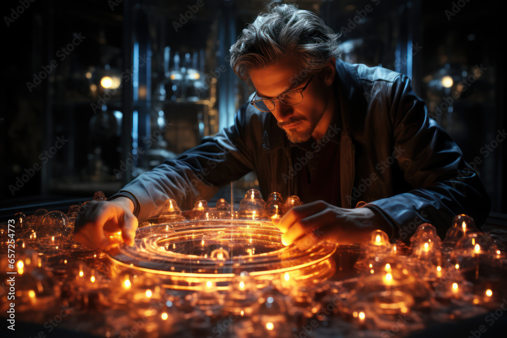 A quantum physicist conducting a double-slit experiment, exploring the ... A quantum physicist conducting a double-slit experiment, exploring the ...