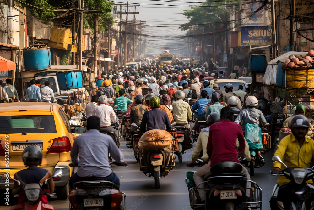 traffic jams on the roads of India. a large number of cars, pedestrians ...