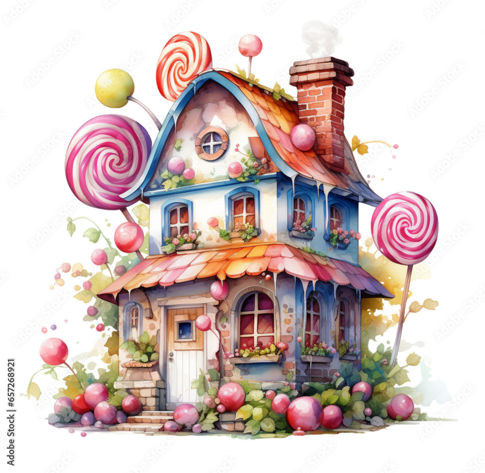 Watercolor illustration of a cute house made of sweets and candies ...