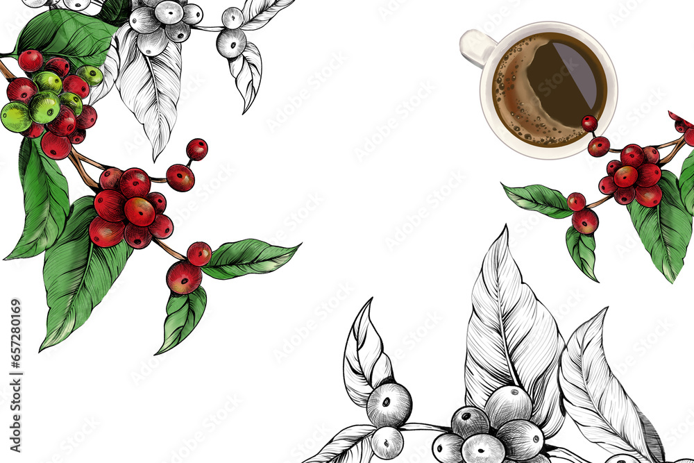 Coffee line art line drawing Hand-drawn coffee tree branches ...