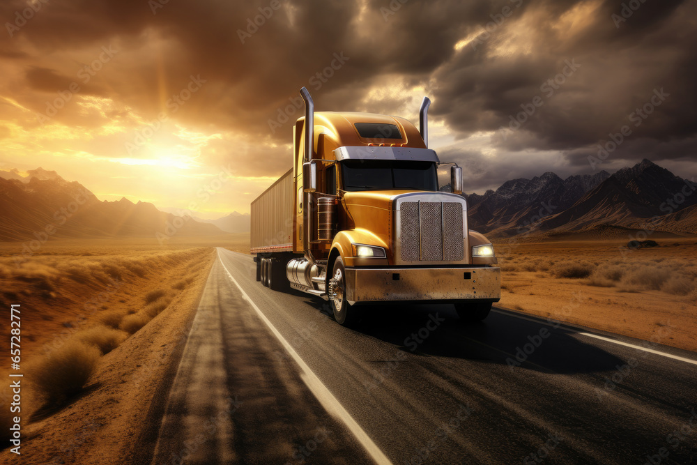 In the logistics industry, a massive cargo truck speeds along a desert ...