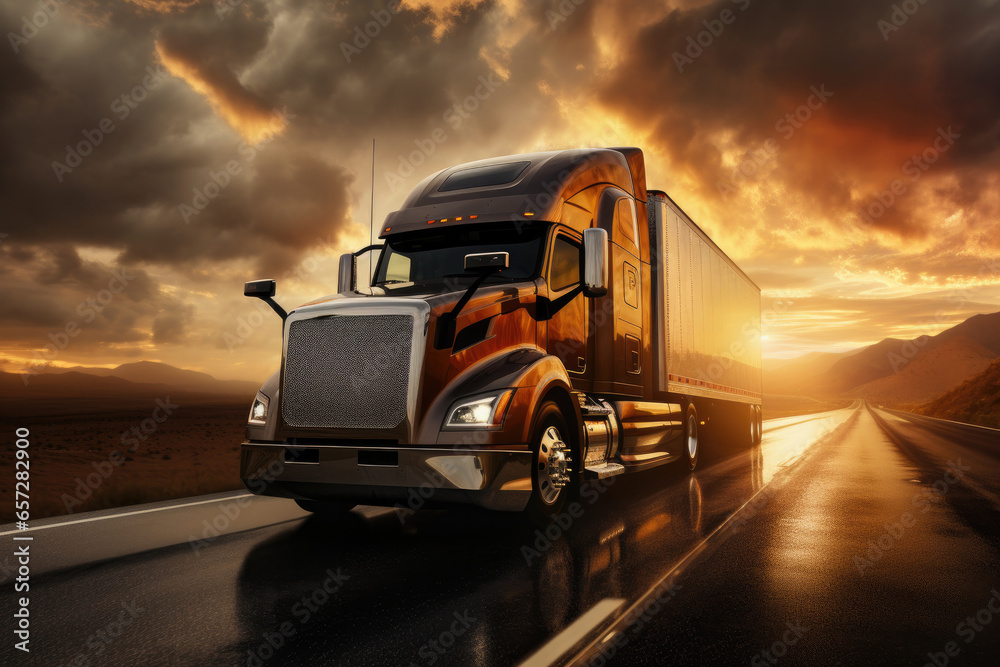 In the logistics industry, a massive cargo truck speeds along a desert ...