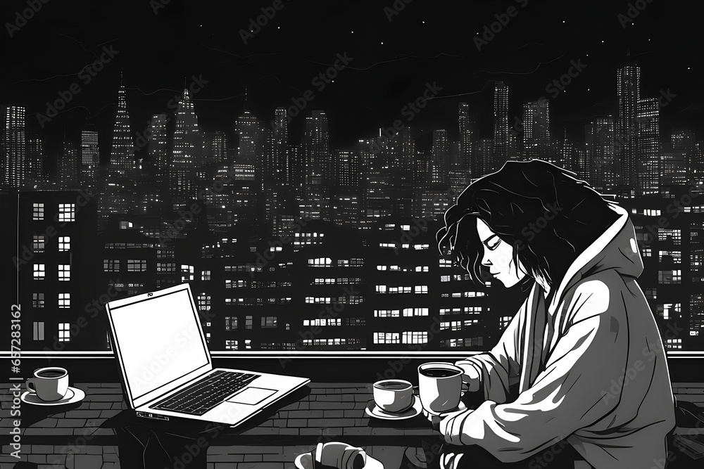 Black and white Illustration of wide awake person with Insomnia ...