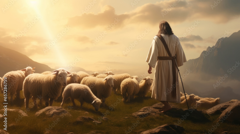 Shepherd Jesus Christ leading flock of sheep and worshipping God ...
