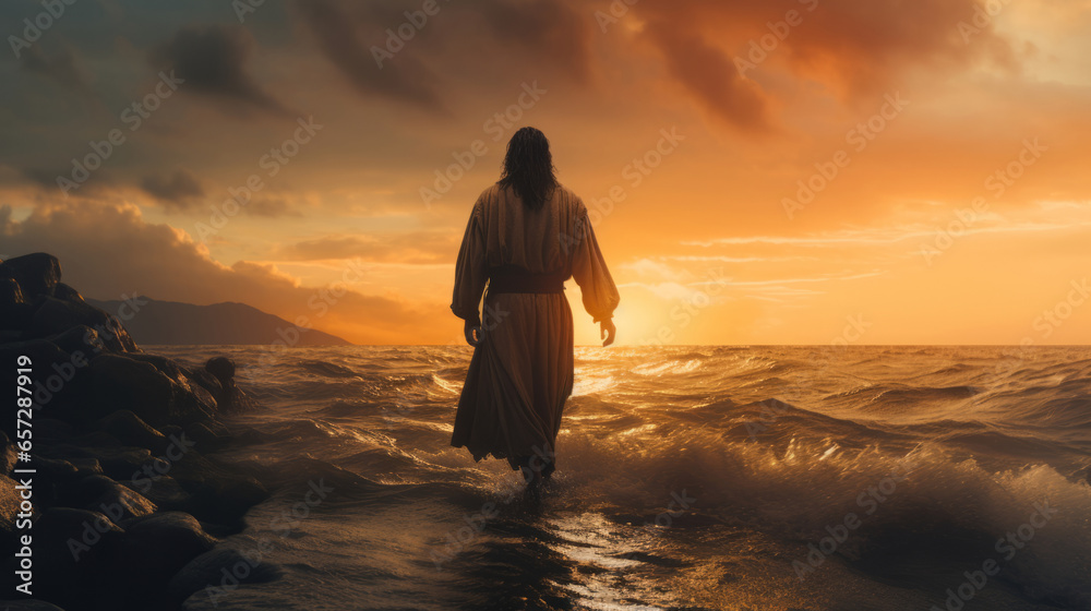 Jesus Christ walking towards a boat on stormy sea at sunset. Christian ...