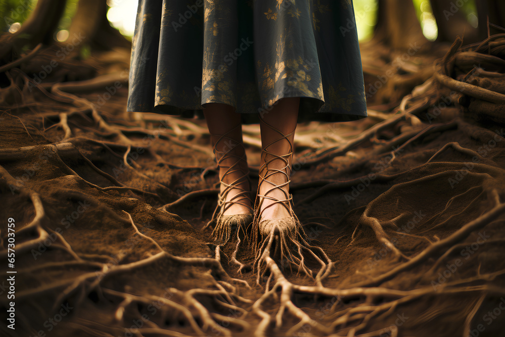 Foto de Woman legs in forest turning into tree roots grounded to earth ...
