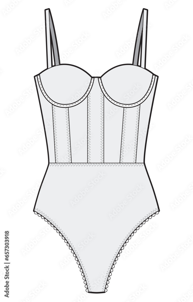 Corset Bodysuit Fashion Flat Sketch Vector Illustration, CAD, Technical ...