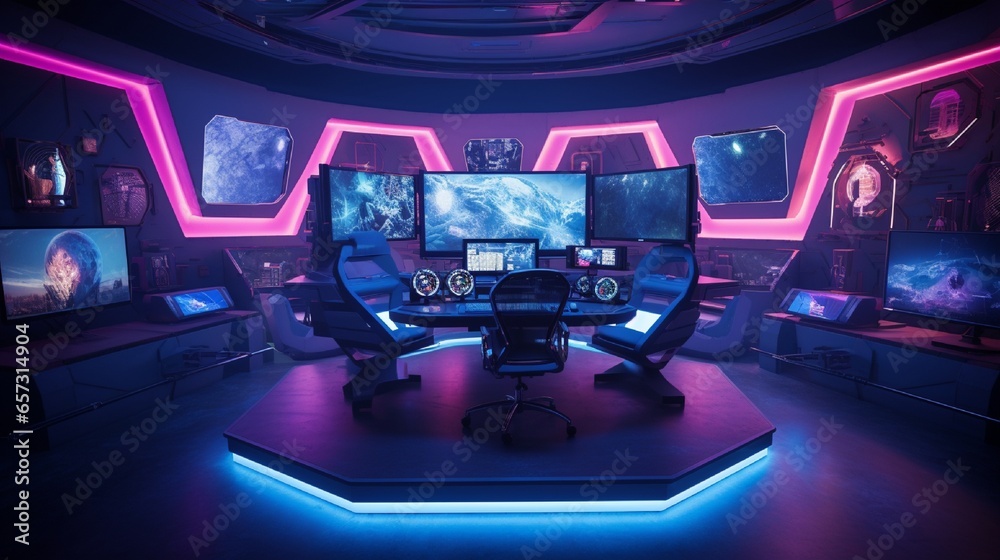 A high-tech gaming room with LED strips in various colors lining the ...