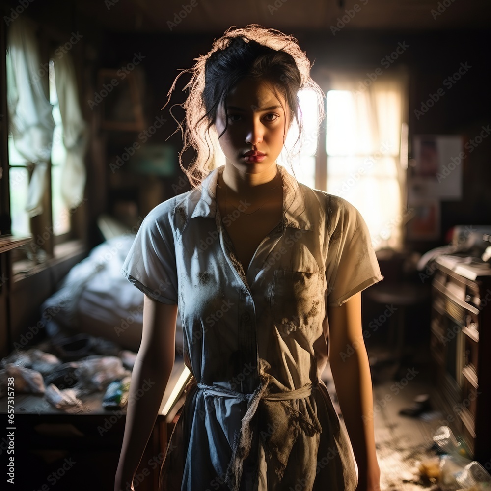 A girl is cleaning a very dirty room. The maid cleans the room from the ...