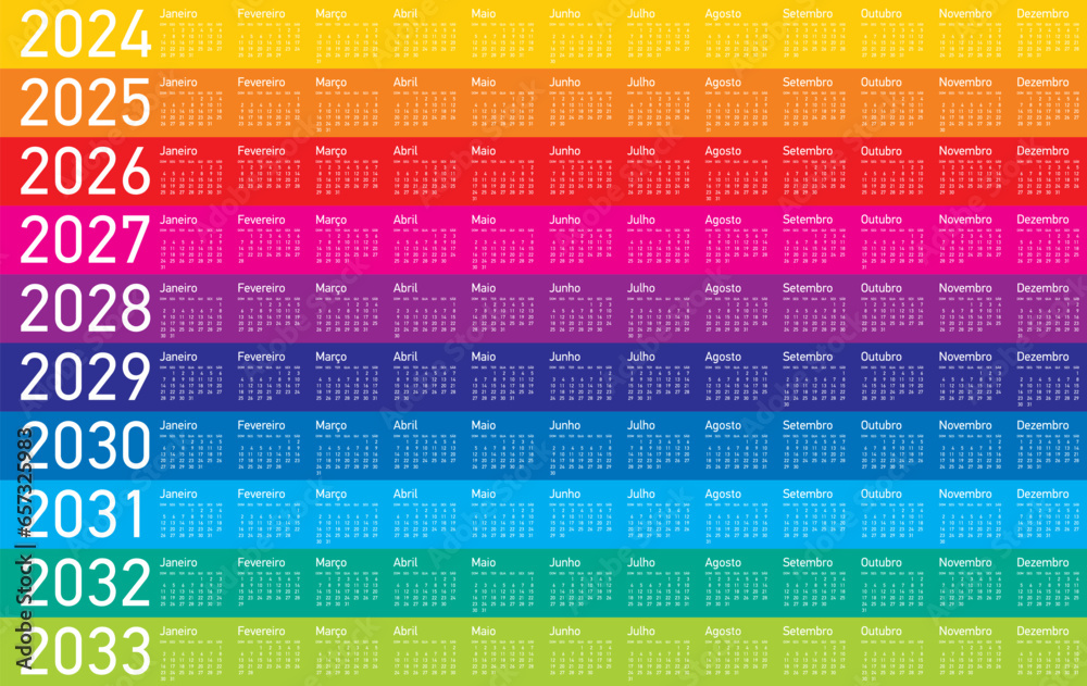 Colorful Calendar for Years 2024 to 2033, in Portuguese Stock Vector ...