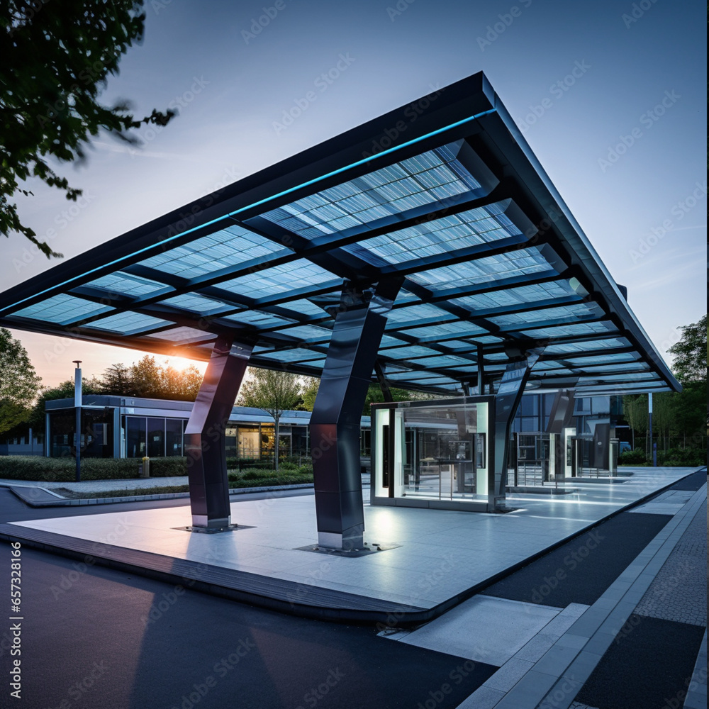 a modern architecturally designed solar carport located in front of an ...