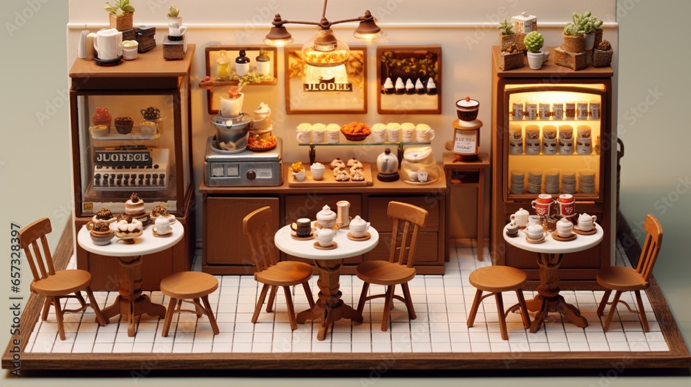 a charming miniature coffee shop with tiny tables, chairs, and a ...