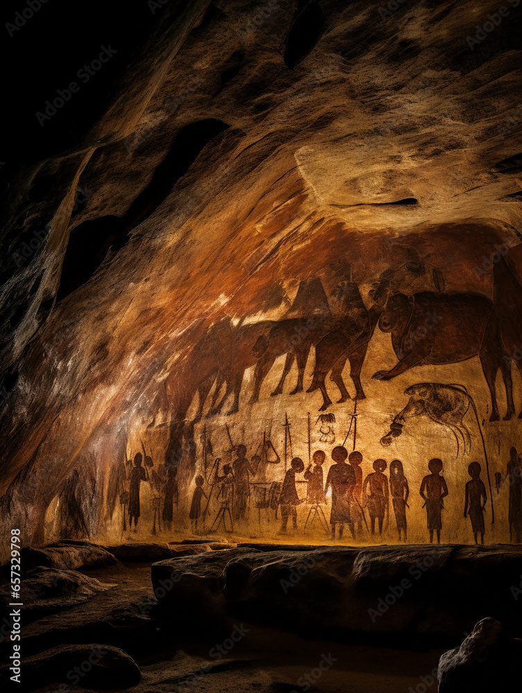 Cave with ancient cave paintings, depicting mammoths and hunters, dim ...