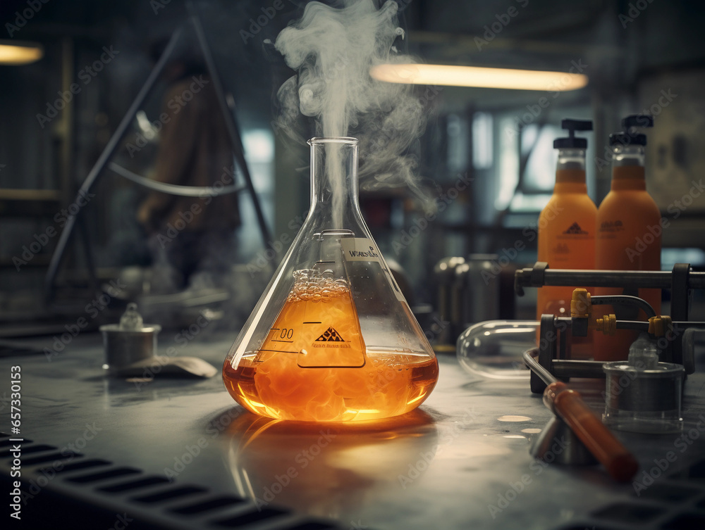 chemical reaction in an Erlenmeyer flask, orange smoke escaping ...