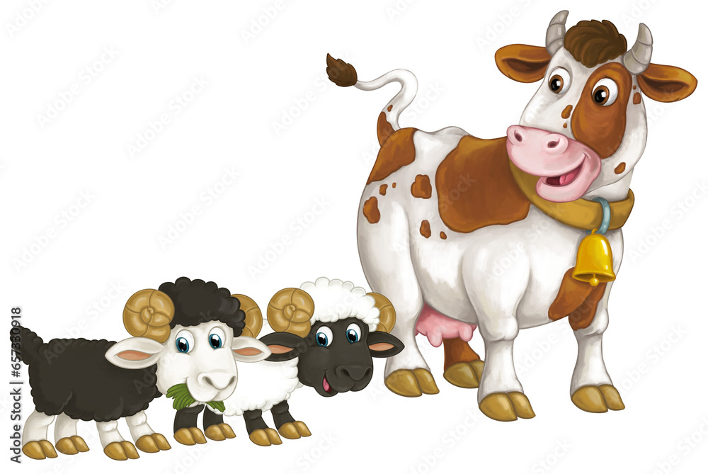 cartoon scene with happy farm animal cow looking and smiling and two ...