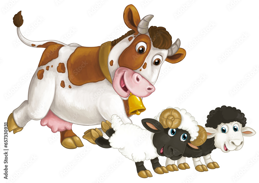 cartoon scene with happy farm animal cow looking and smiling and two ...